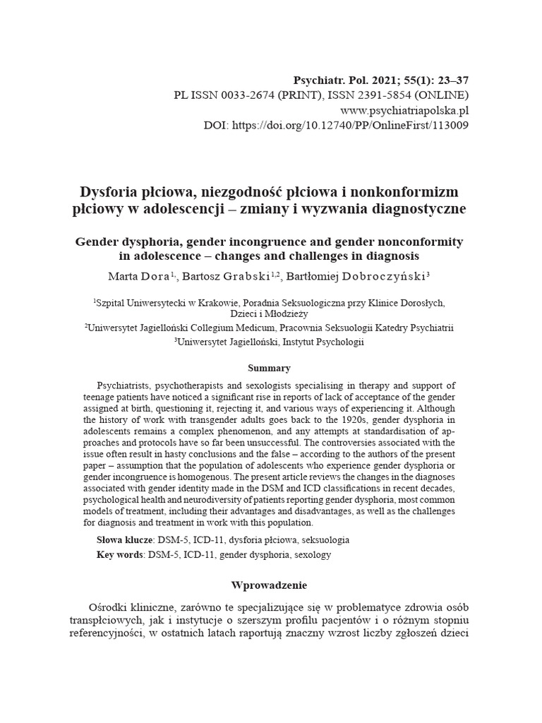 PsychiatriaPolska - Dysforia Płciowa, Niezgodność Płciowa I Nonkonformizm | PDF