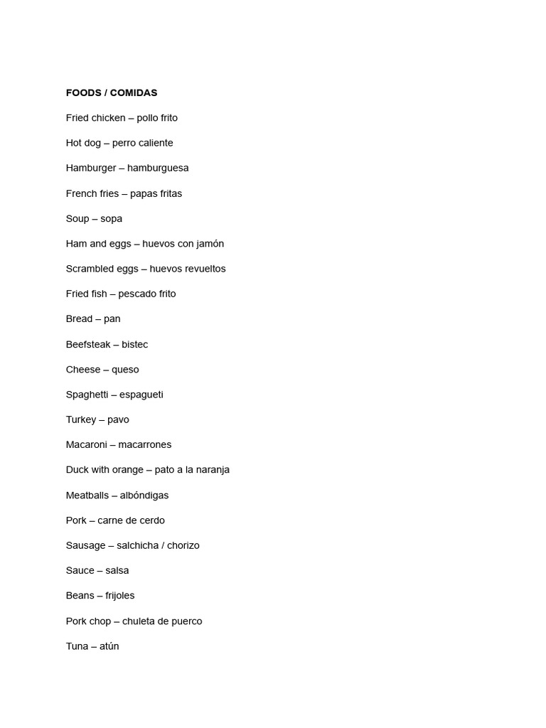 Vocabulario de Comidas, Bebidas, Etc. by Pérez Ful | PDF | Pancho ...