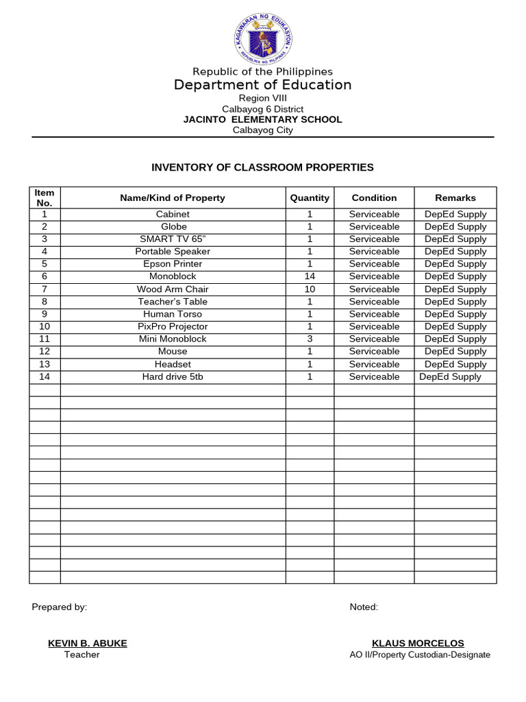 Jes Kevin Inventory of Classroom Properties | PDF