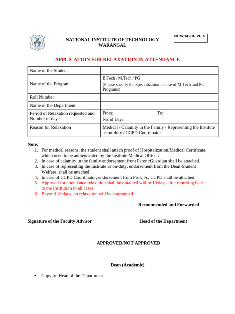 Attendance Relaxation Application Form | PDF