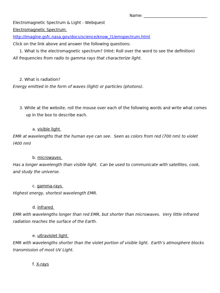 EM Radiation Webquest Key | PDF | Electromagnetic Spectrum ...