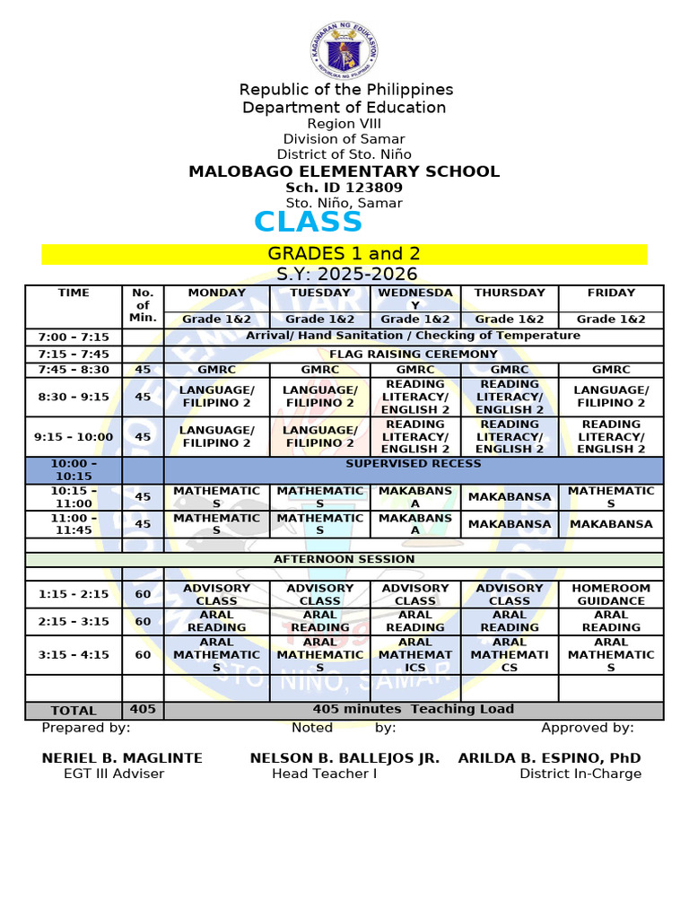 Malobago Elementary School Class Schedule | PDF | Childhood ...