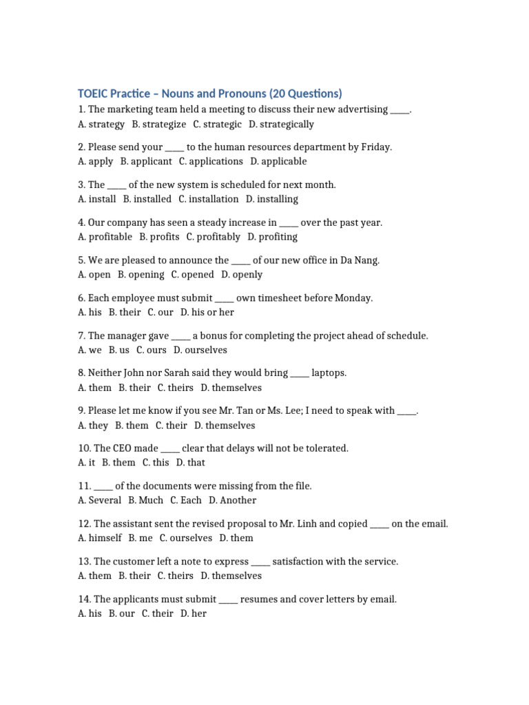 TOEIC Practice Nouns and Pronouns | PDF