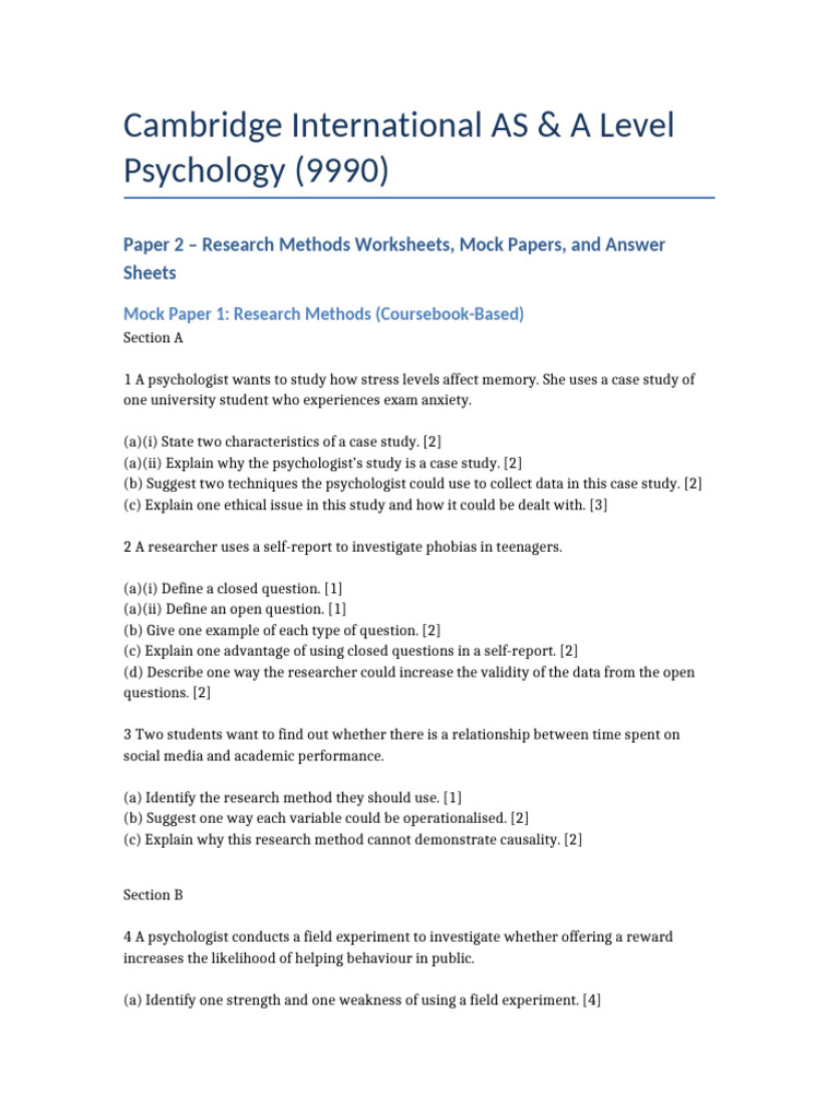 Psychology Research Methods Worksheets | PDF | Confounding | Experiment