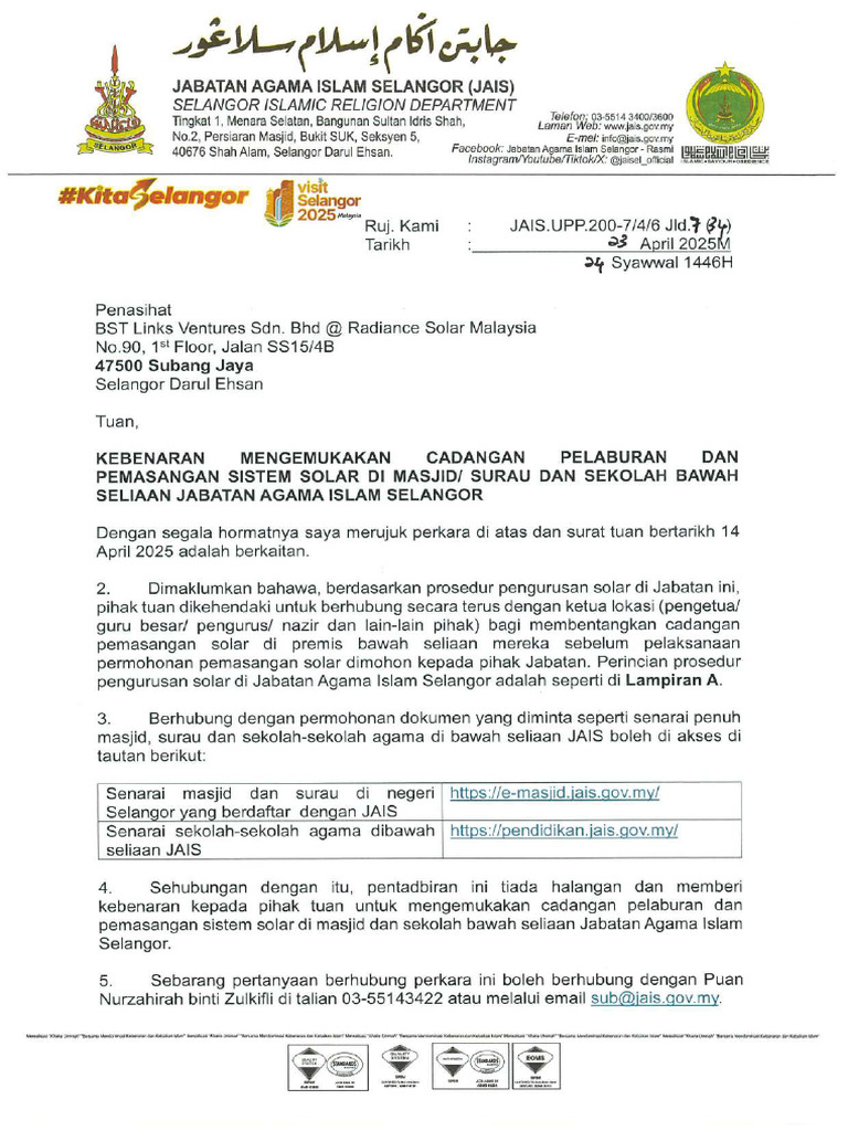 Surat Jais (Pemasangan Solar Di Masjid Dan Surau) | PDF