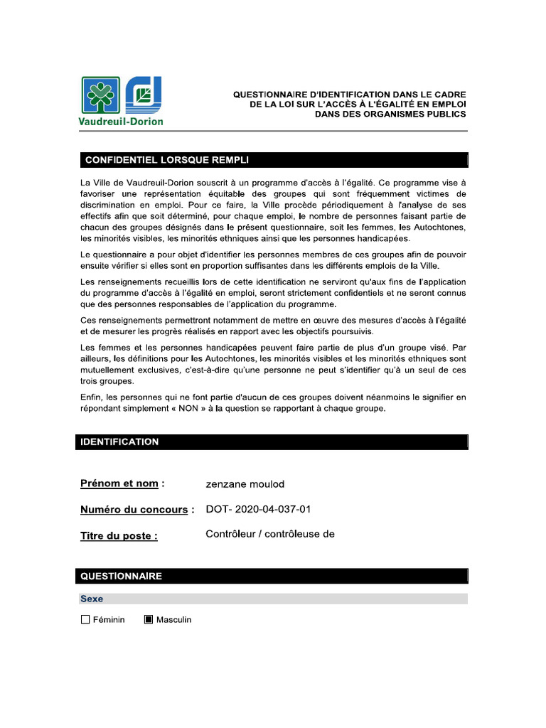 Questionnaire D'identification | PDF