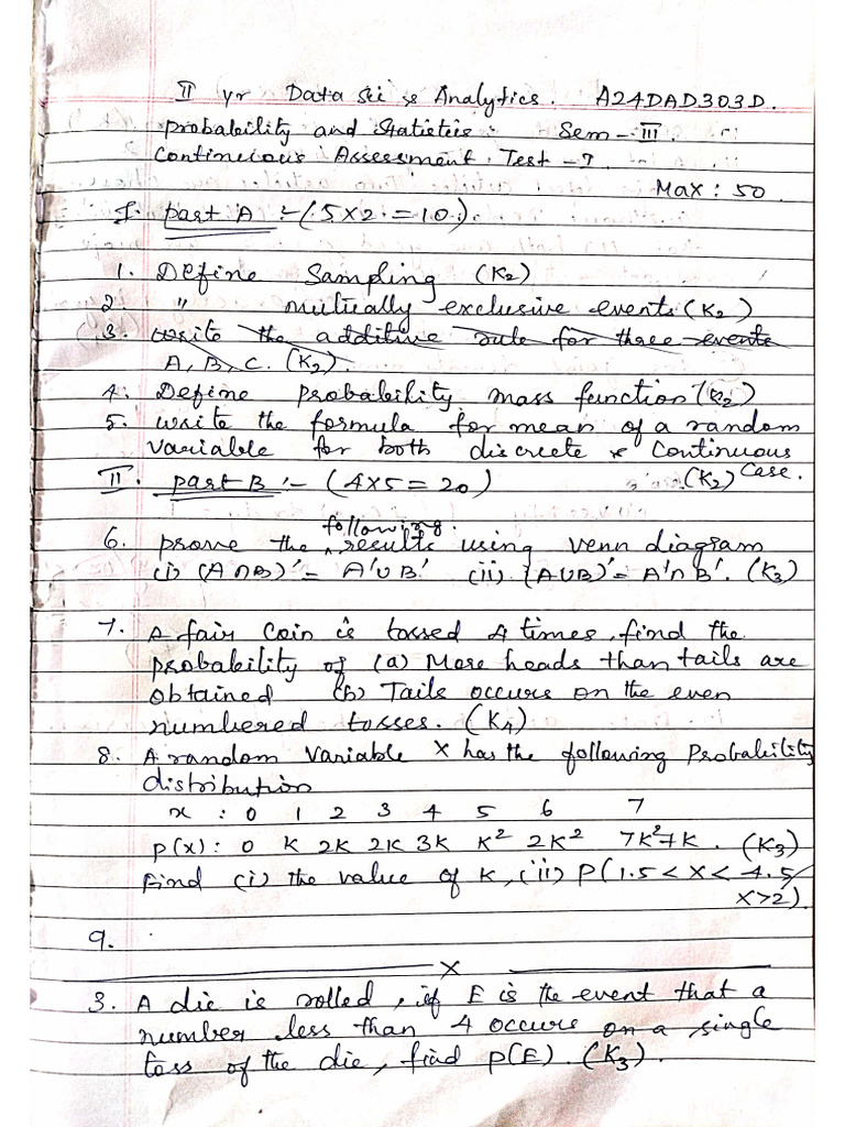 Probability and Statistics Ques Paper | PDF