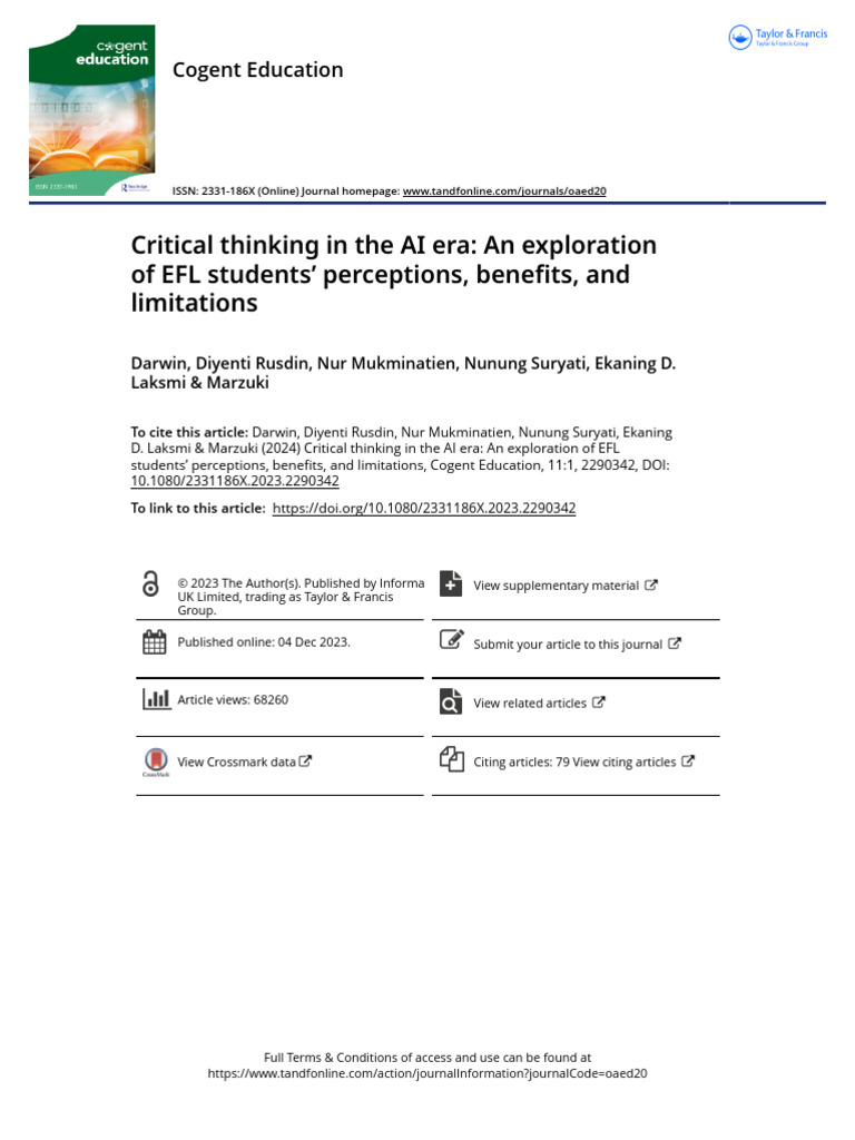 Critical Thinking in the AI Era an Exploration of EFL Students Perceptions Benefits and ...