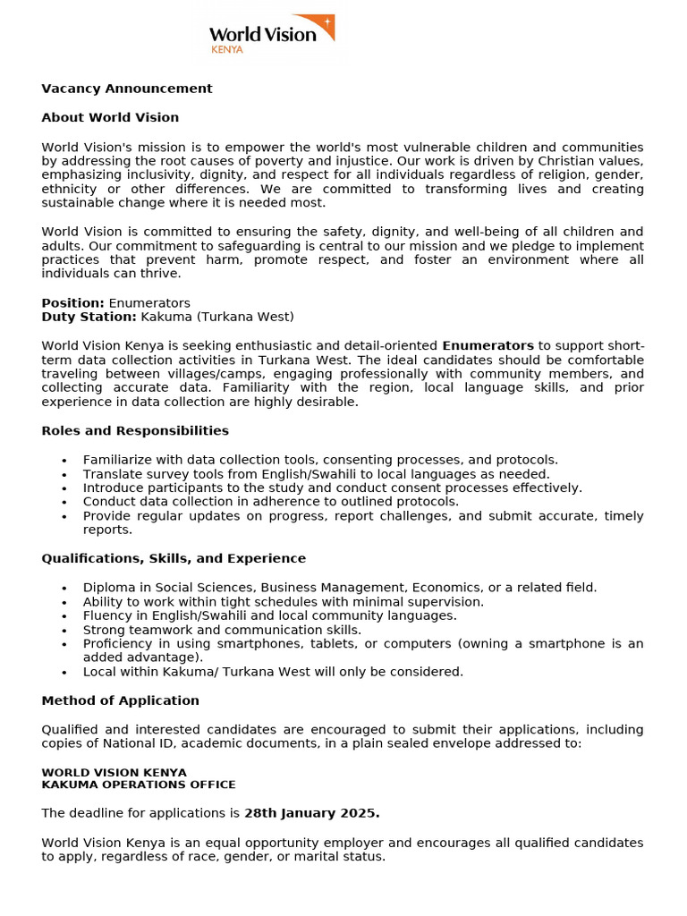 Enumerator Job Description | PDF | Kenya