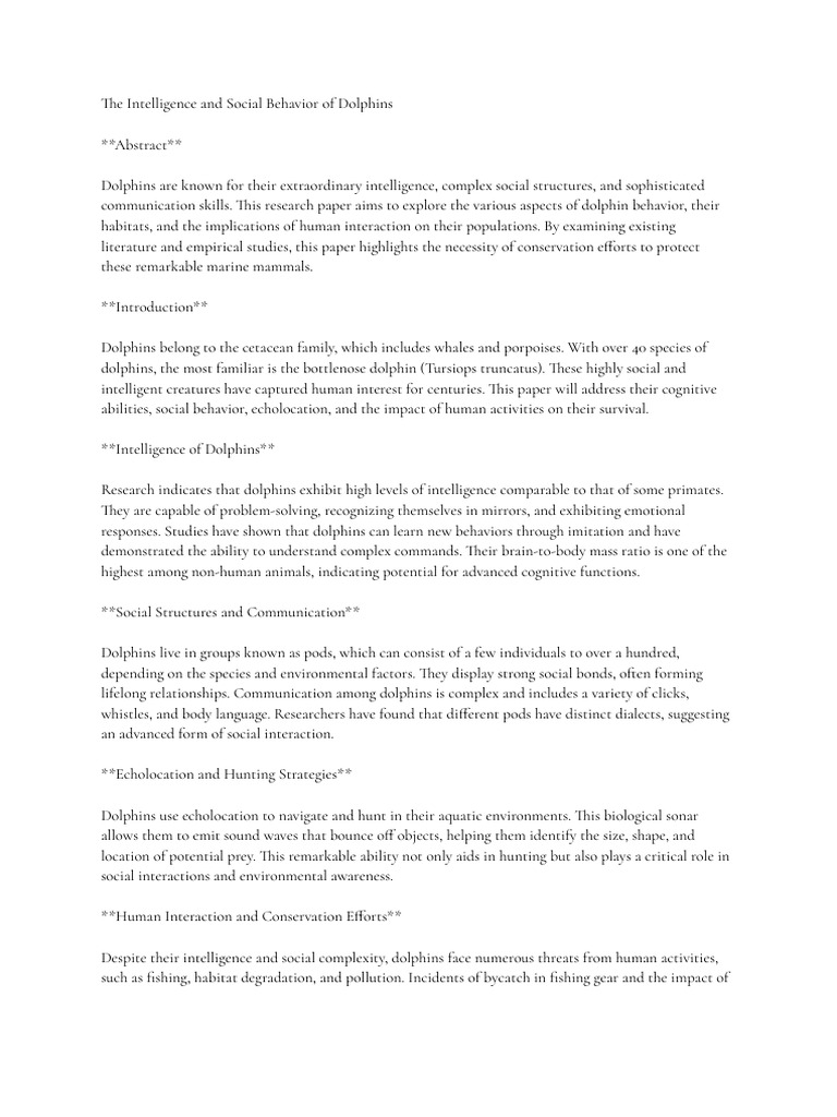 The Intelligence and Social Behavior of Dolphins Research Paper | PDF ...