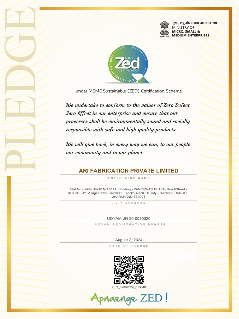Ari Fabrication Zed Certificate Zedmsme318646 | PDF