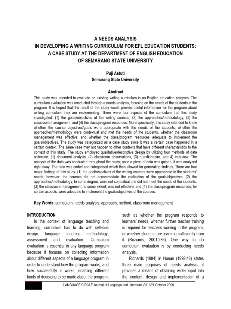 A Needs Analysis in Developing Curriculum | PDF | Methodology | Curriculum