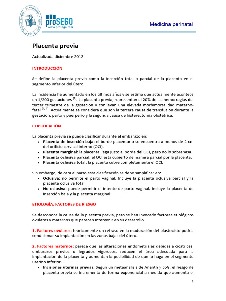 Placenta Previa: Clasificación y Riesgos | PDF | Parto | El embarazo