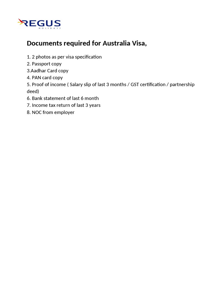 Documents Required For Australia Visa | PDF