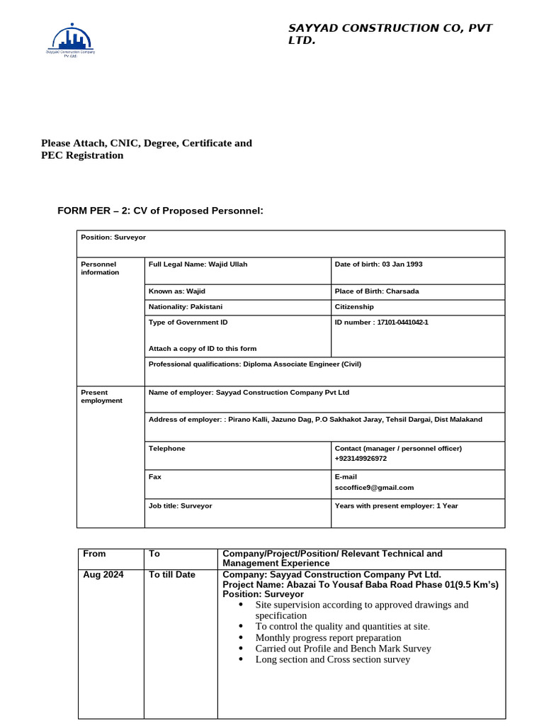 Wajid Surveyor CV Format 01 | PDF | Pakistan | Government Of Pakistan