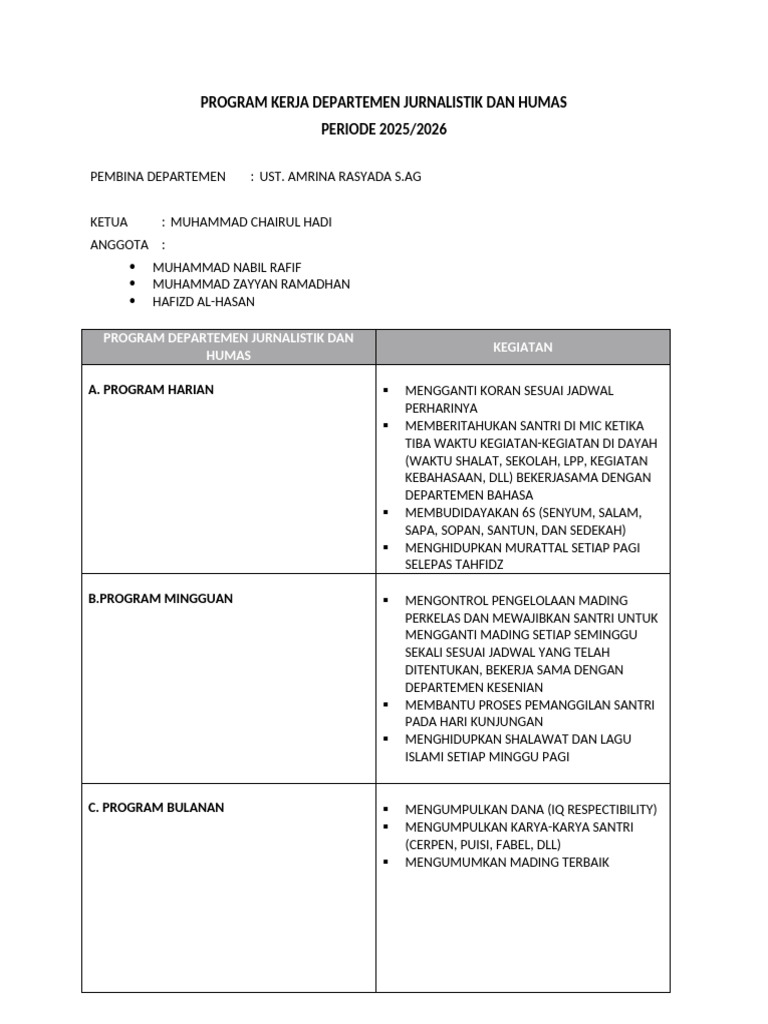Program Kerja Departemen Jurnalistik VRG | PDF