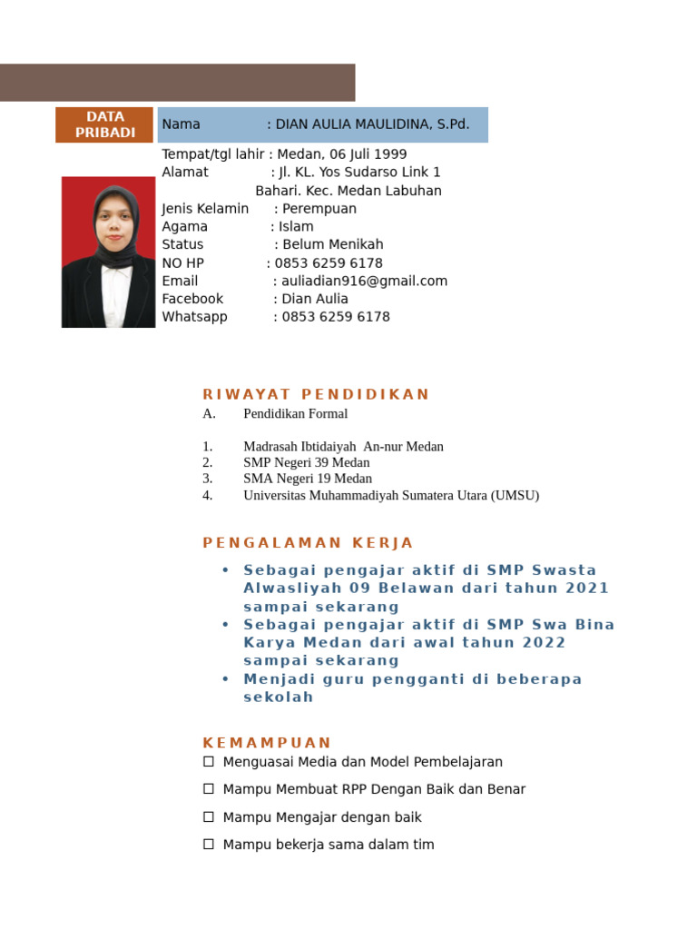CV Lamaran Kerja Dian Aulia Maulidina | PDF