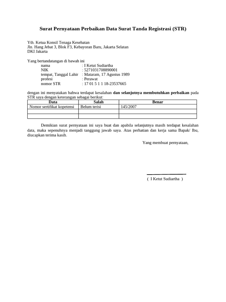 Format Surat Pernyataan Perbaikan Data | PDF