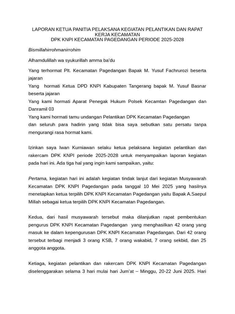 Laporan Ketua Panitia Pelaksana Kegiatan Pelantikan Dan Rapat Kerja Kecamatan | PDF