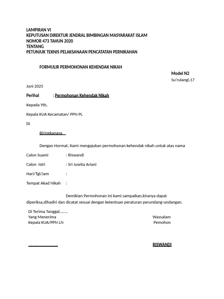 Formulir Permohonan Nikah Model N2 | PDF