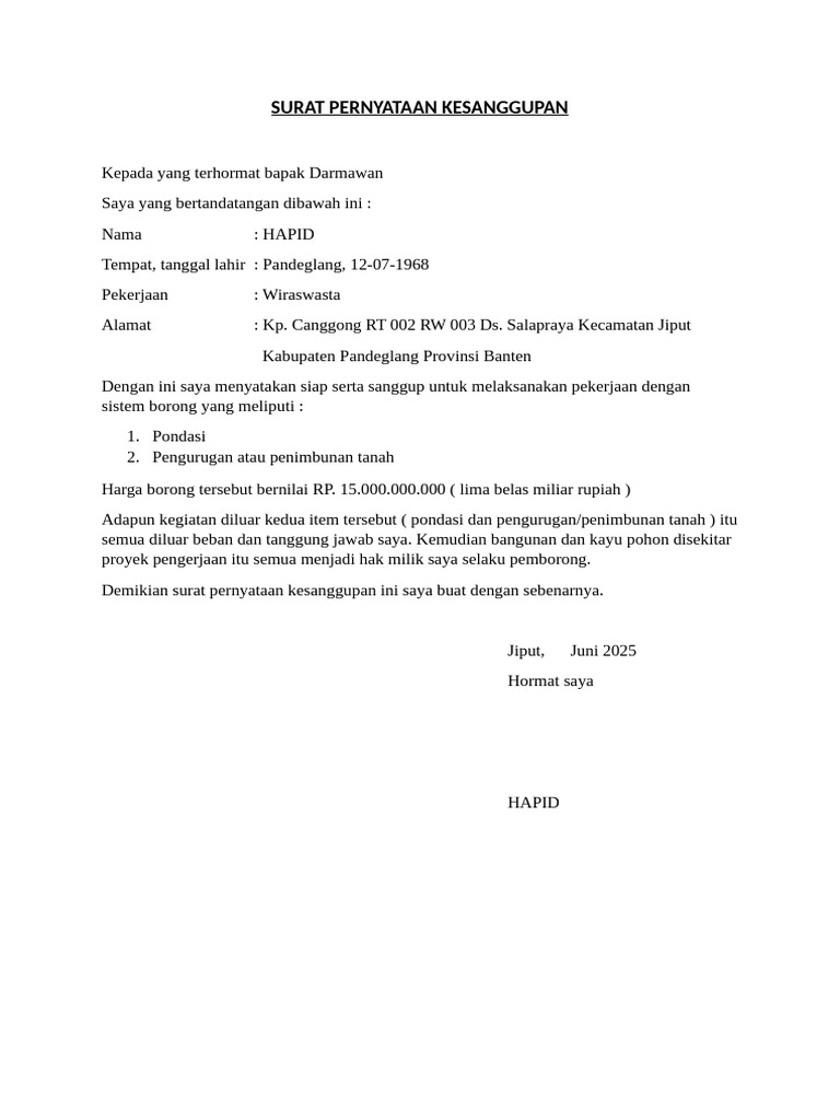 Surat Kesanggupan Pekerjaan Borong HAPID | PDF