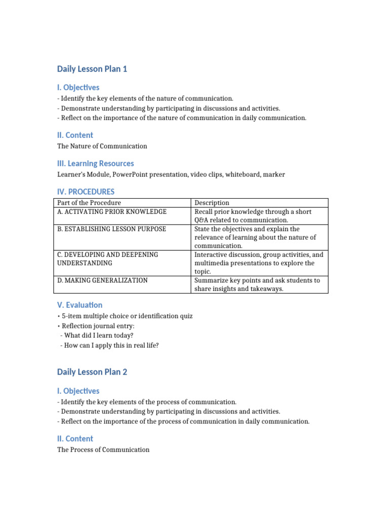 Oral Communication Lesson Plans With Evaluation | PDF | Learning ...