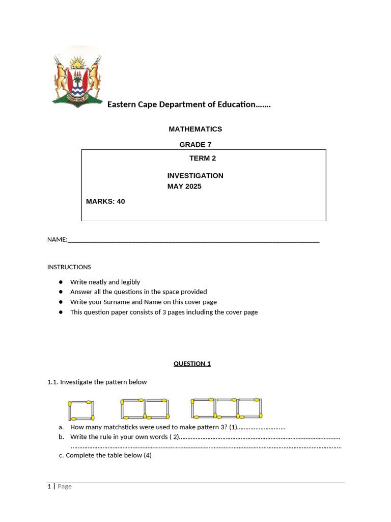 Grade 7 Investigation 2025 Term 2 Final | PDF | Mathematics | Geometry