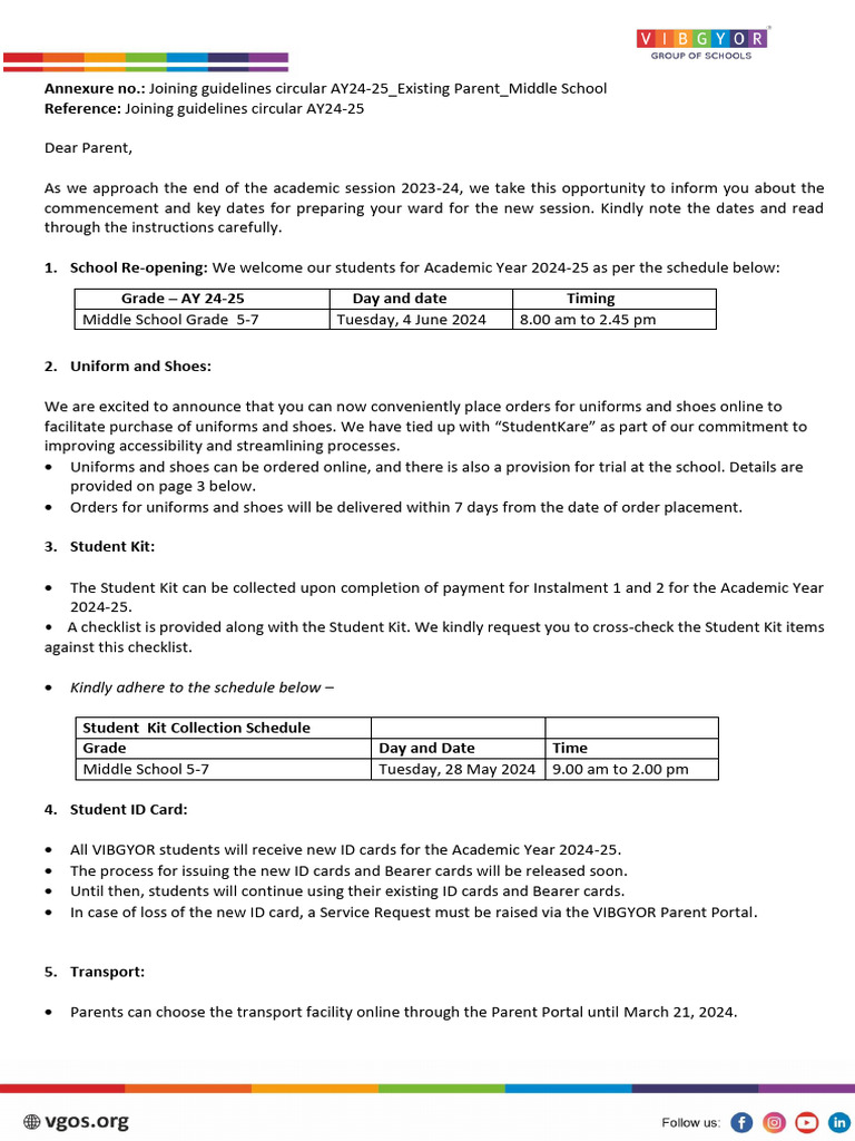 Joining Guidelines Circular Ay24 25 Existing Parent Middle School | PDF