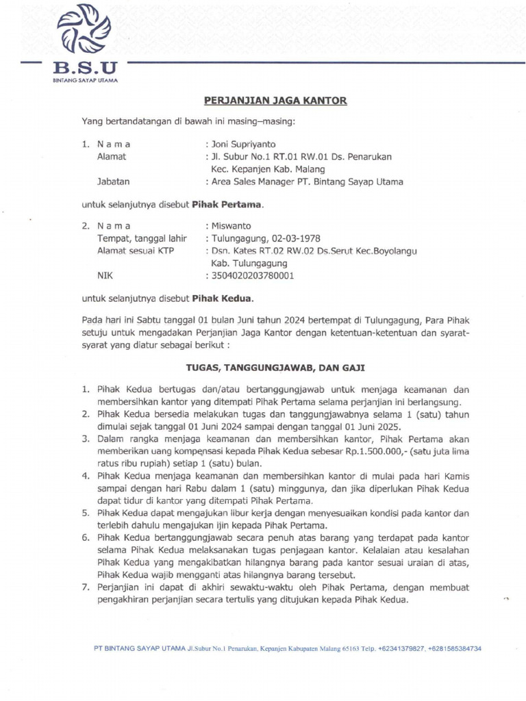 Perjanjian Jaga Kantor Miswanto | PDF