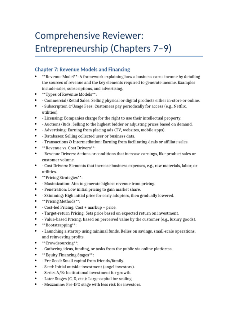Comprehensive Entrepreneurship Reviewer | PDF | Pricing | Investing
