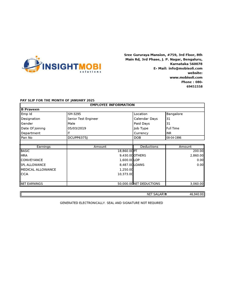 Salary Slip for January 2025 | PDF