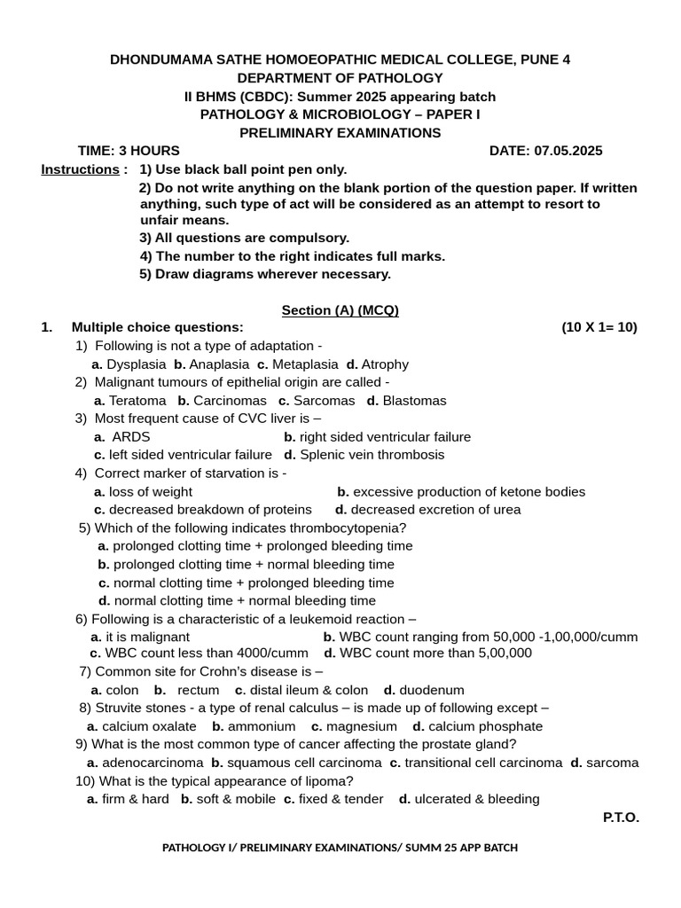 Pathology Prelim Paper I - Summ 25 App CBDC | PDF | Carcinoma | Medical ...