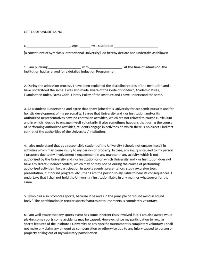 Letter of Undertaking Parent | PDF | Informed Consent