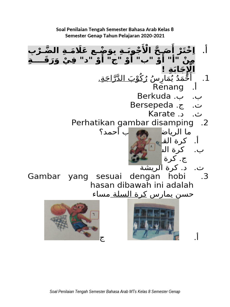 Soal PTS Bahasa Arab Kelas 8 SMT 2 2021-2022 OK PRINT | PDF