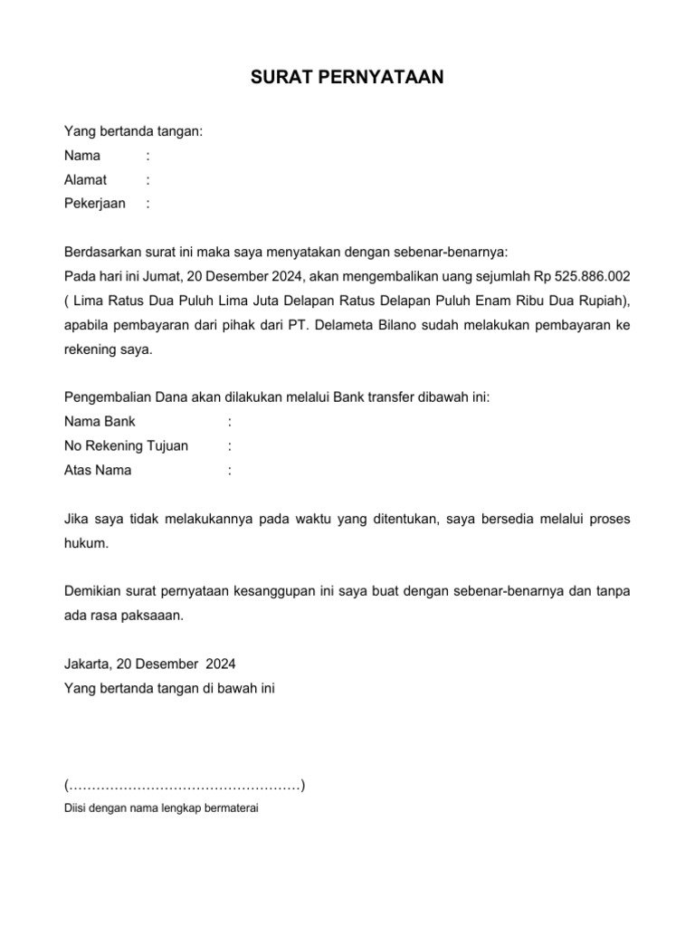 Surat Pernyataan Pengalihan Dana | PDF