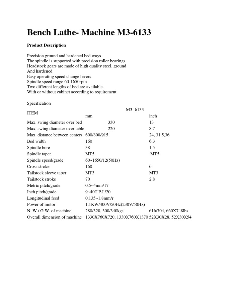 M3-6133 Bench Lathe Specifications | PDF | Technology & Engineering