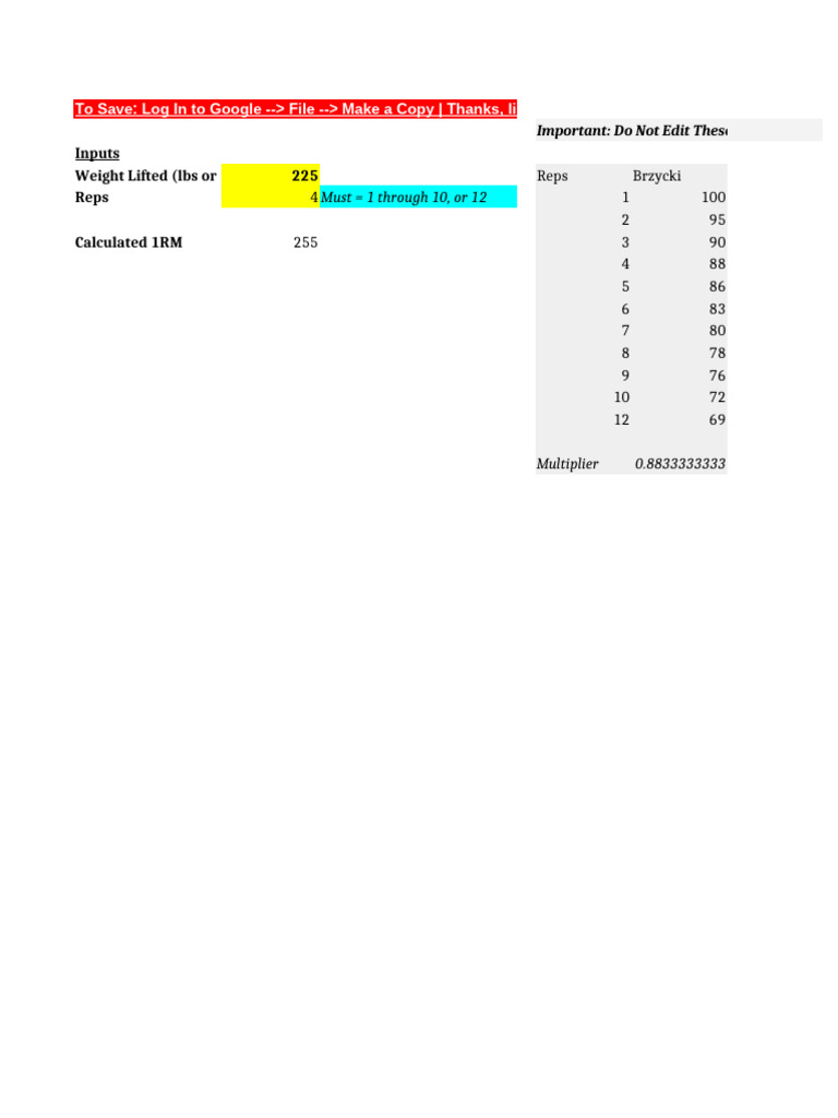 1 Rep Max Calculator Spreadsheet | PDF