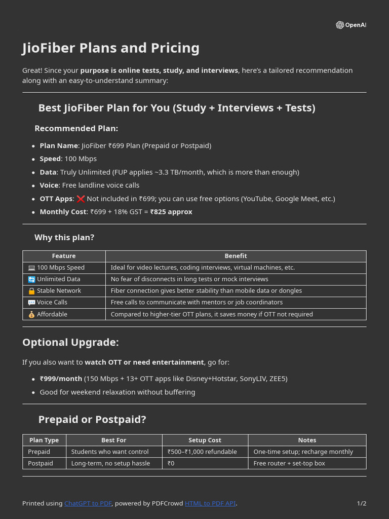 JioFiber Plans and Pricing | PDF | Computing
