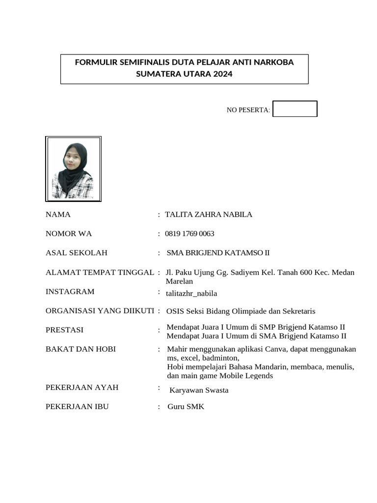 Formulir Peserta Dpan Sumut 2024 | PDF