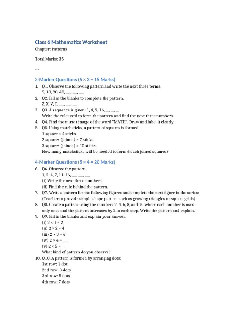 Patterns Class6 Worksheet | PDF