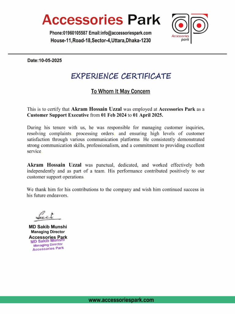 Akram Hossain Uzzal Experience Certificate 2 | PDF