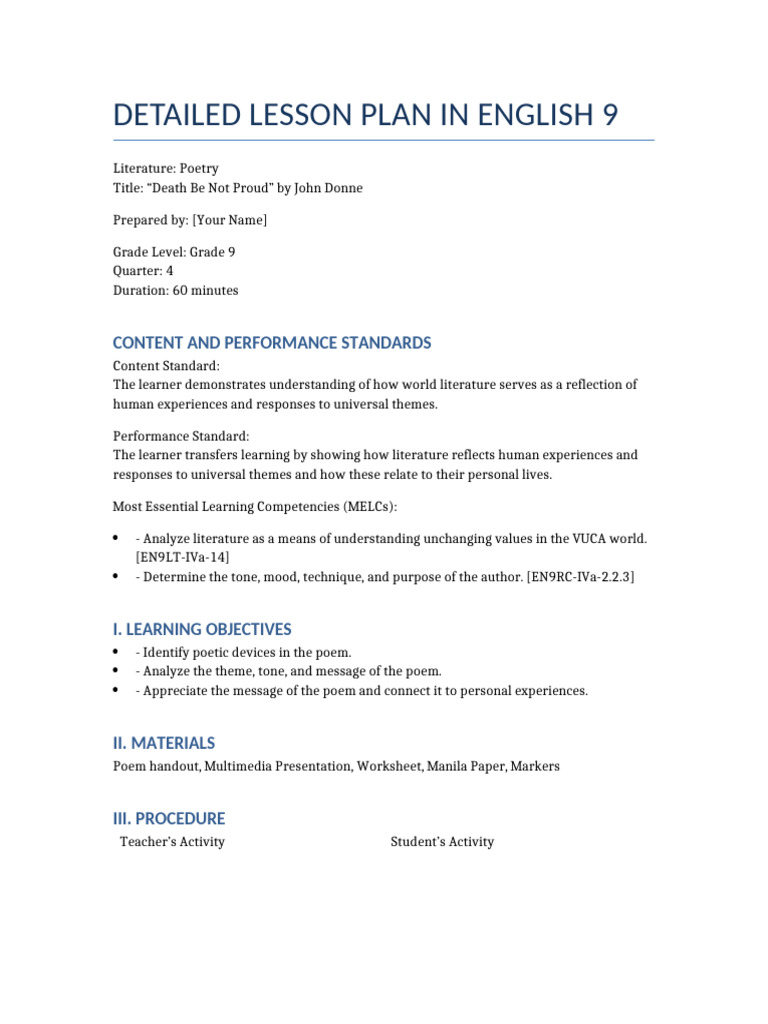 Two Column Lesson Plan Death Be Not Proud | PDF | Poetry | Lesson Plan