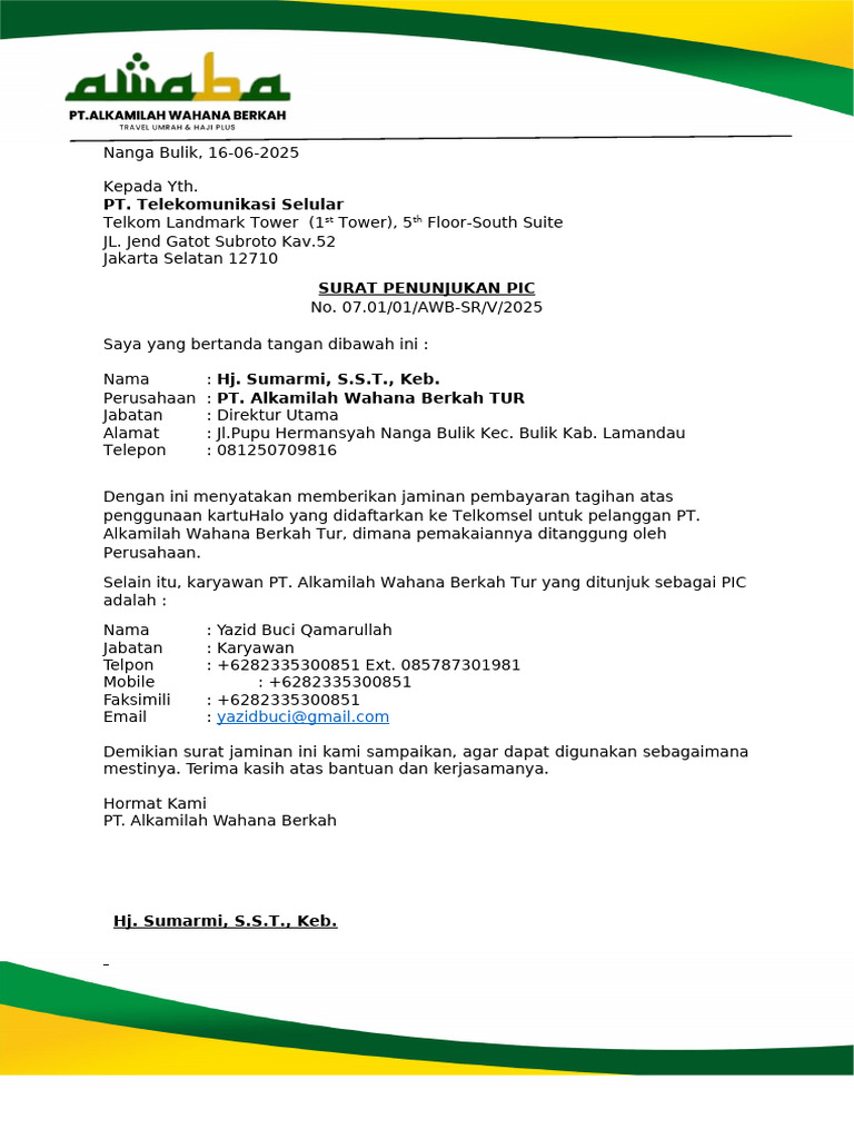 Surat Penunjukan PIC PT. Alkamilah | PDF