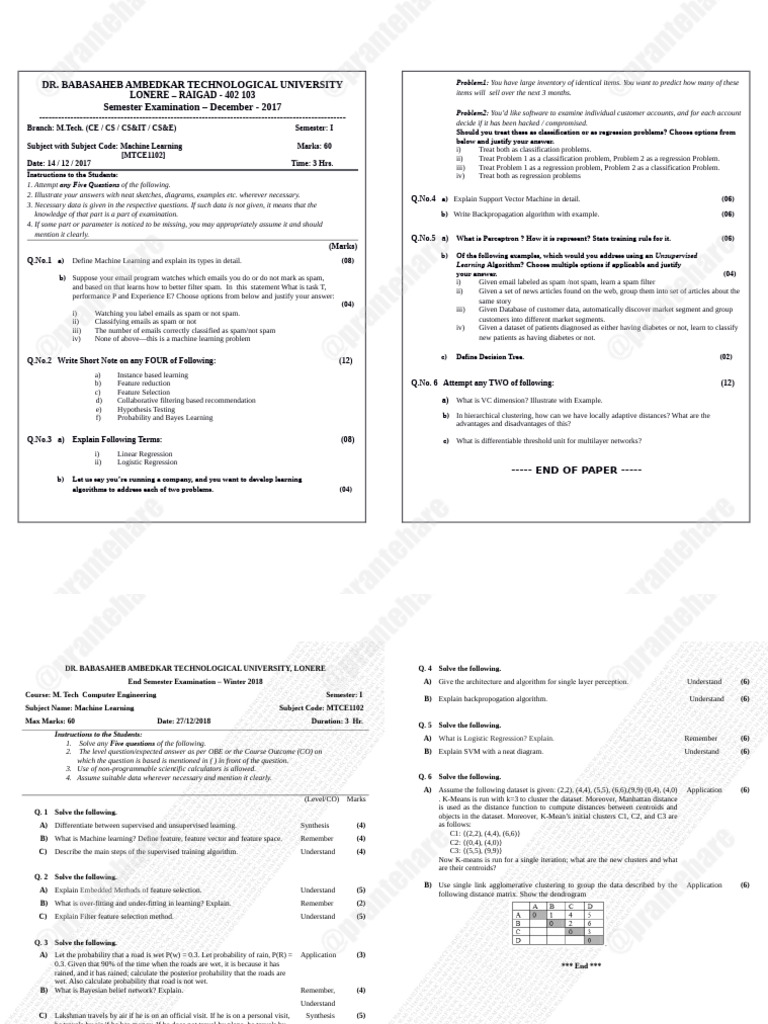 Machine Learning PYQ ALL (Pran Tehare) | PDF | Machine Learning | Applied Mathematics