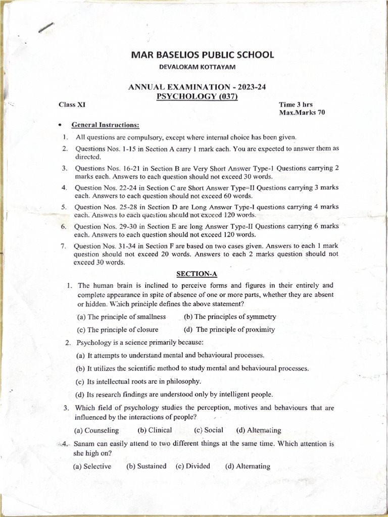 CBSE XI Psychology Annual Examination 2024 | PDF