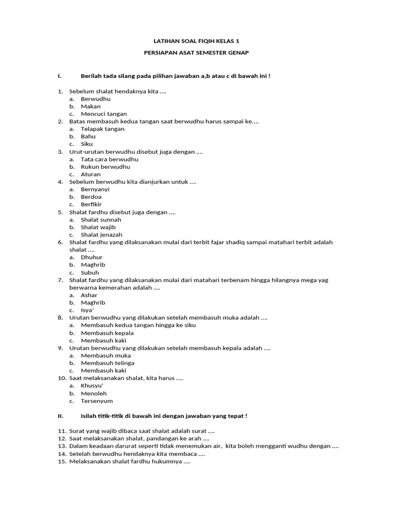 Latihan Soal Fiqih Kelas 1 | PDF