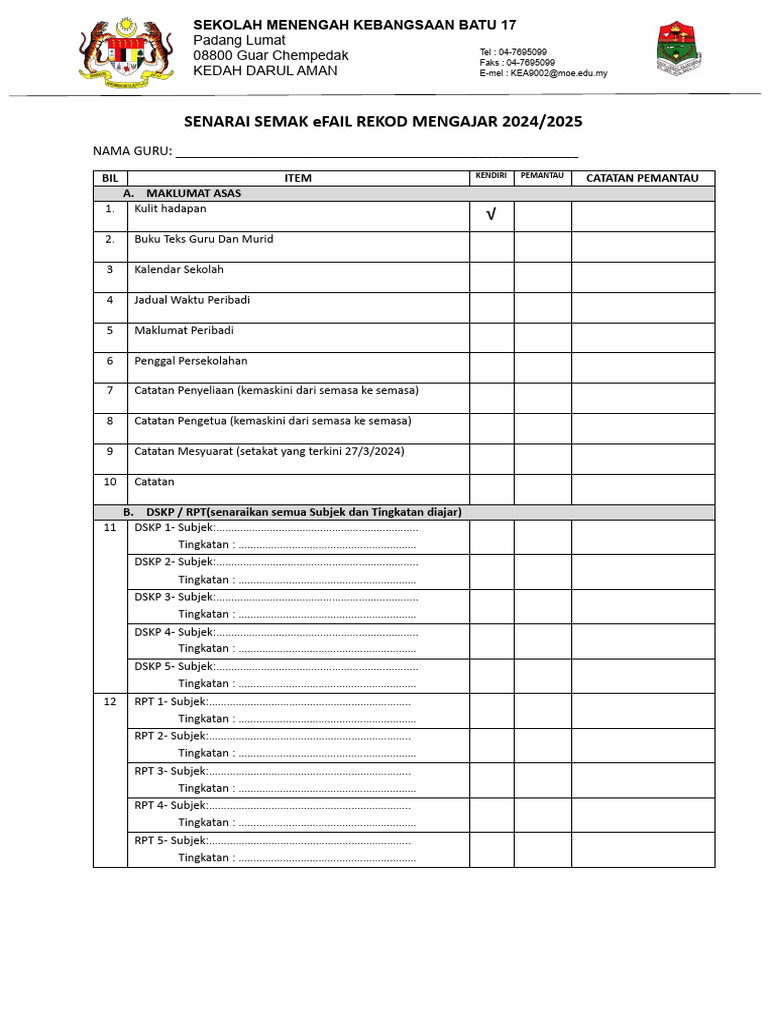 Senarai Semak Efail Rekod Mengajar 2024 | PDF