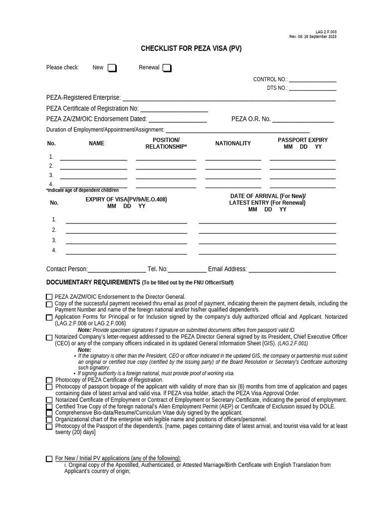 PEZA Visa Application Checklist | PDF | Travel Visa | Birth Certificate