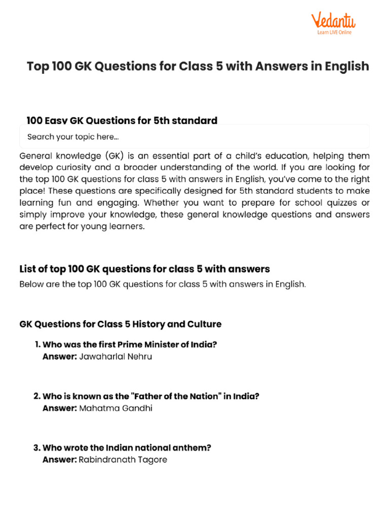 Top 100 GK Questions For Class 5 With Answers in English | PDF