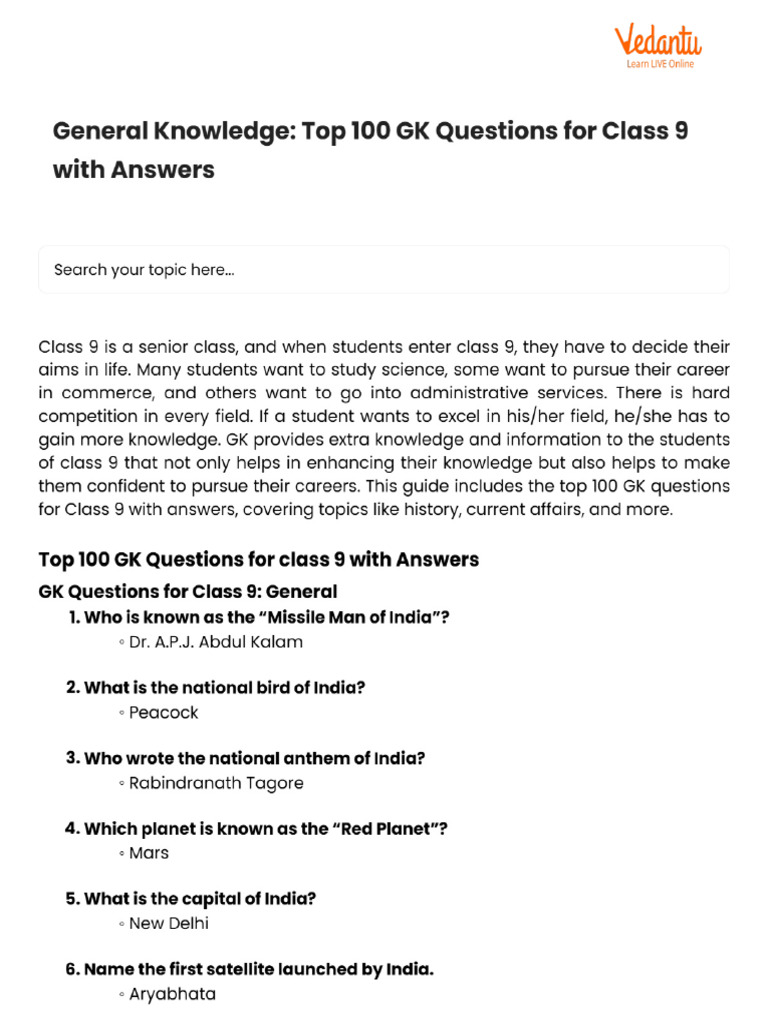 General Knowledge - Top 100 GK Questions For Class 9 With Answers | PDF